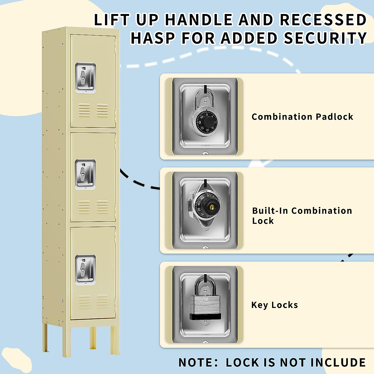 KAER Lockers,Metal Locker, Lockers for Employees, Locker Shelf for School, Gym Locker, Office, Garage, 3-Tier Locker with Mirror, Hooks, Screwdriver, Gloves