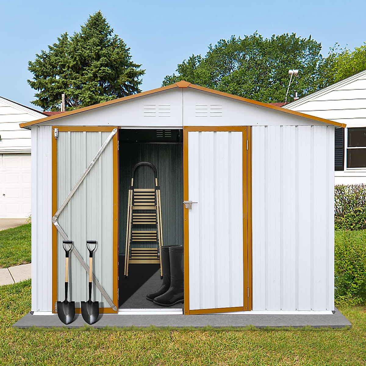 BOVONO Storage Sheds 8ftx6ft, Waterproof Metal Utility Tool Shed Storage House with Door & Lock, Perfect for Garden, Patio& Backyard (White +Yellow)