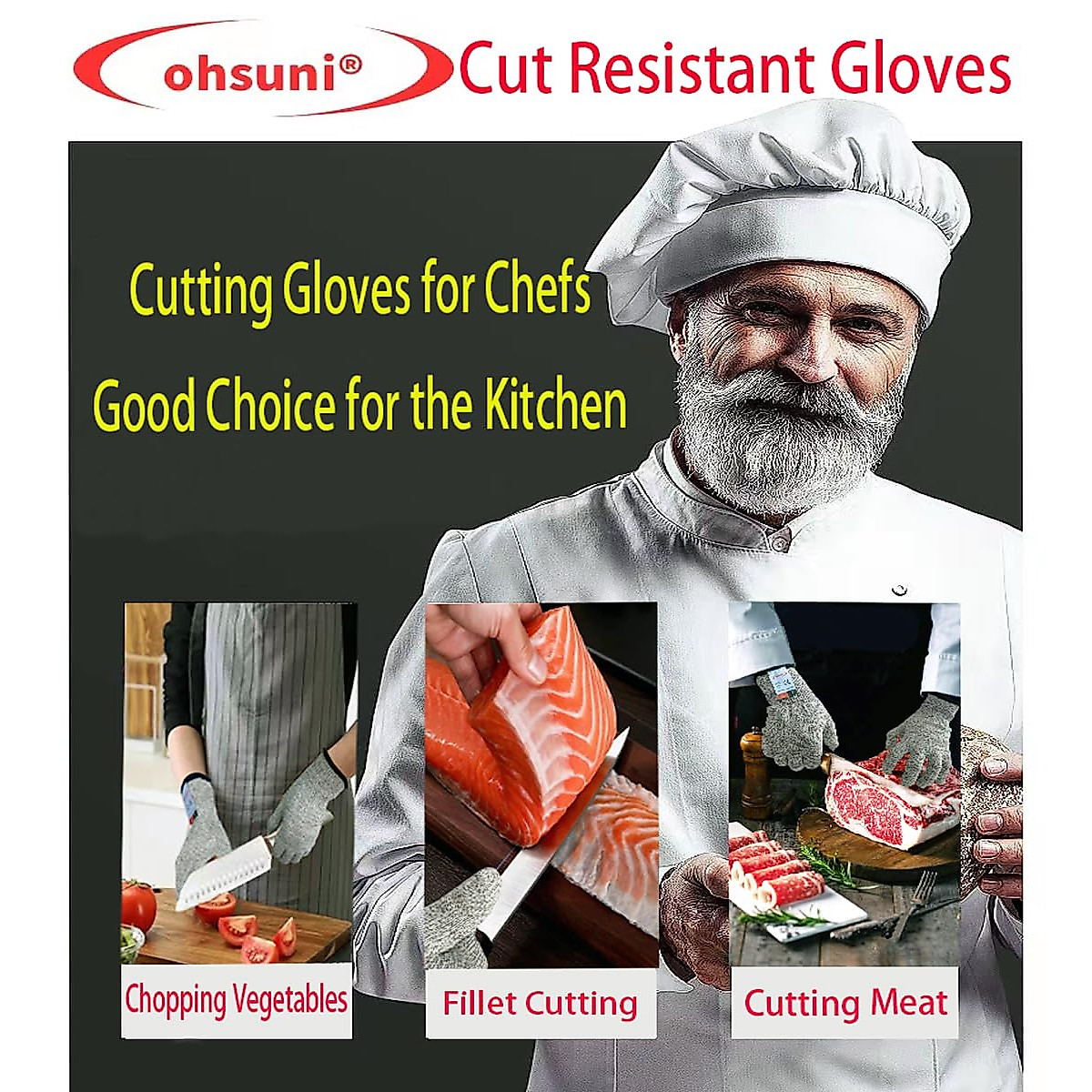ohsuni Cutting Gloves, 2 Pairs of Cut Resistant Gloves Food Grade, Kitchen Gloves for Cutting, Oyster Shucking, Fish Fillet Processing, Carving Wood and Gardening(Large)