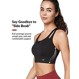 Yvette Womens Sports Bras High Impact Zip Front Sports Bra High Support Large Bust for Workout Running,Black,Large Plus