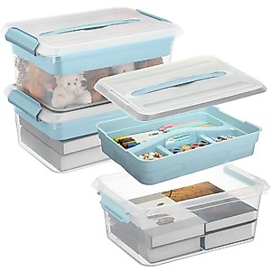 Skybooly 3 Pack Stack and Carry Box Clear Plastic Storage Container Stackable Home Utility Box with Removable Tray Multipurpose Bins with Handle Lid for Stationery Sewing Art Craft Supplies (Blue)