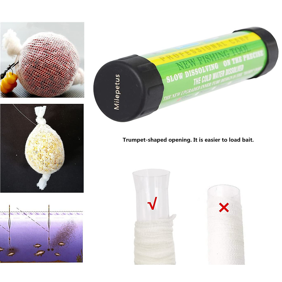 Milepetus PVA Mesh Bait Bags Carp Fishing Mesh Refill Stocking for Boilie Rig w/Funnel and Plunger Carp Fishing Accessory Tools (25MM)