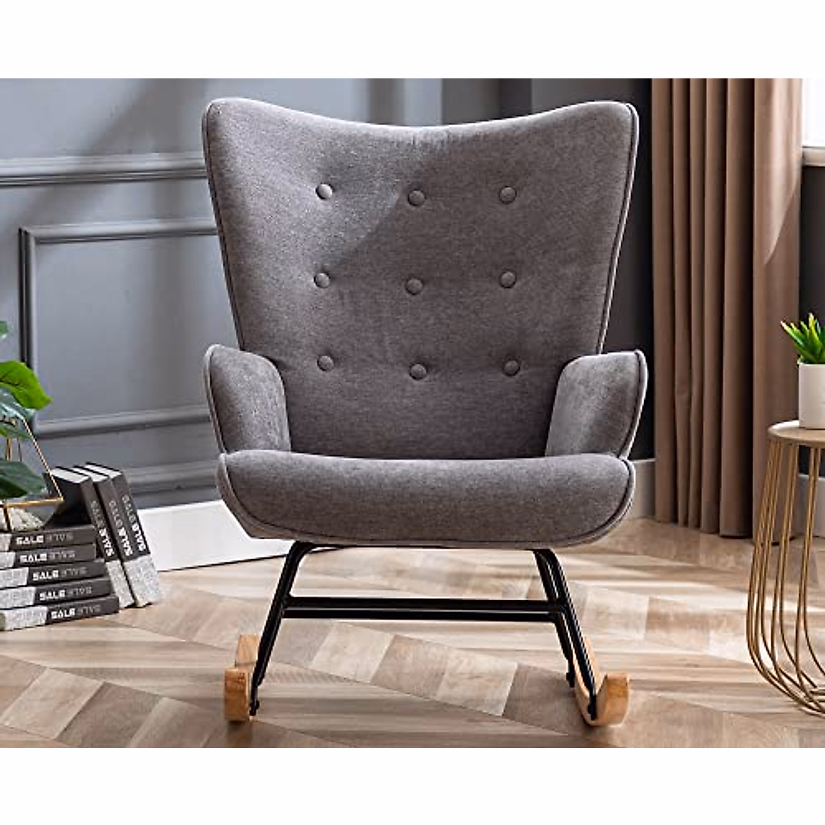 VESCASA Linen Rocking Chair with Tufted Wingback，23.5" Wide Midcentury Modern Indoor Glider Rocker with Arms for Nursery/Reading/Living Room/Bedroom, Grey