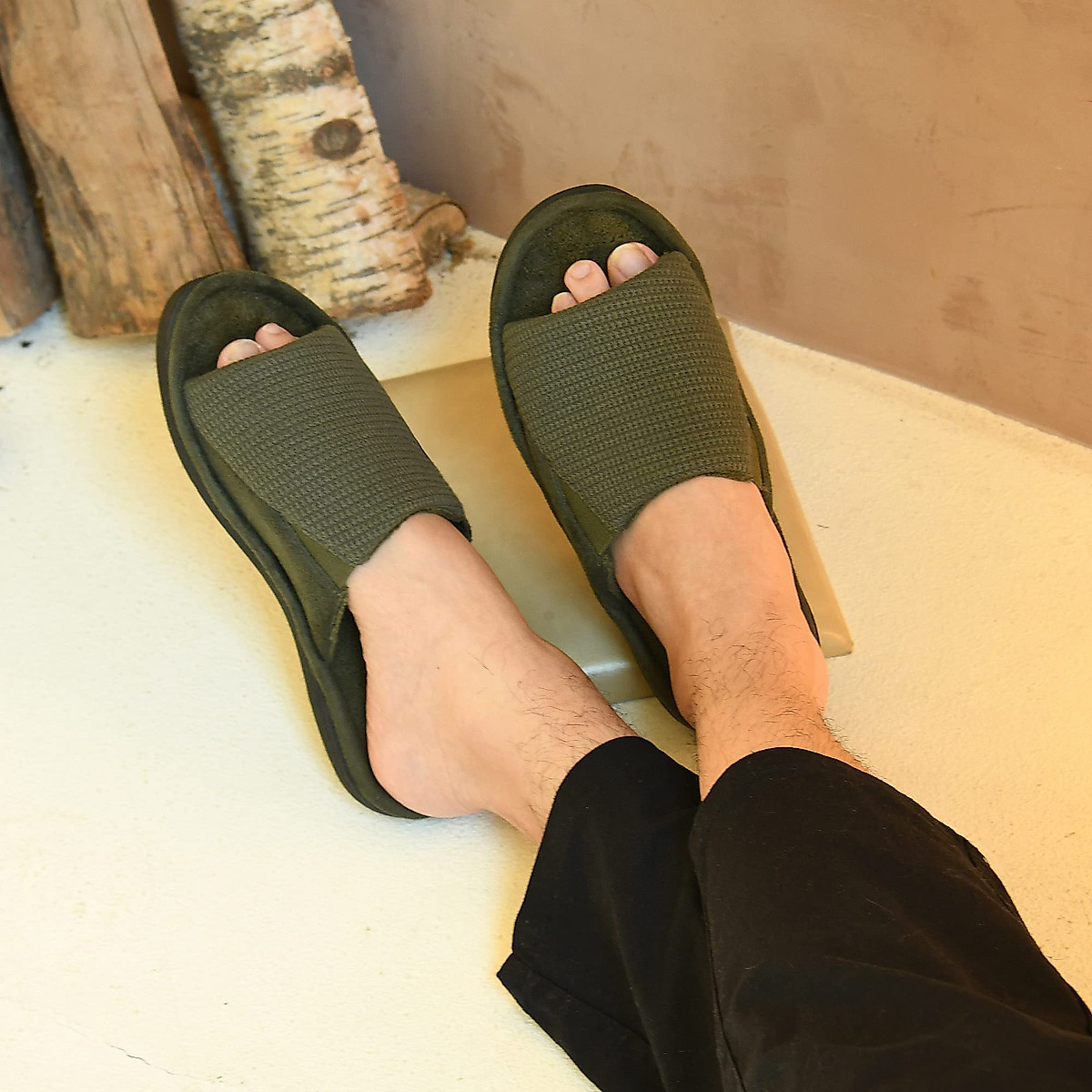 Honalika Cozy Men's Open Toe House Slippers Memory Foam,Comfy Slip On Indoor Slippers for Men Breathable, Non-Slip Soft Bedroom Home Slippers Lightweight 11-12