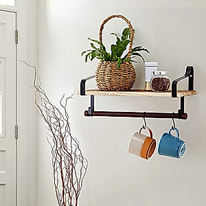 Coral Flower Floating Wall Shelf for Storage Wood-Based Board Kitchen Spice Rack with Towel Bar and 8 Removable Hooks, Carbonized Black