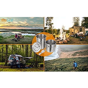 BeGrit Camping Pots Camping Cups and Mugs 304 Stainless Steel with Folding Spoon, Vented Lids