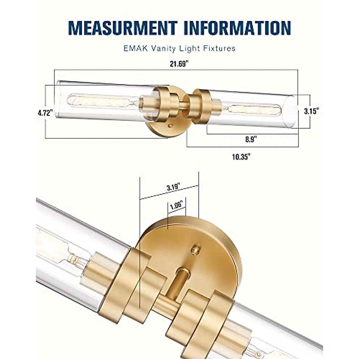 Emak Modern 22 Inch Gold Bathroom Light Fixtures Over Mirror, Cylinder Bathroom Vanity Lights for Mirror, 2-Light Wall Sconces with Clear Glass for Bathroom, Bedroom, Hallway, VL085-GD-2