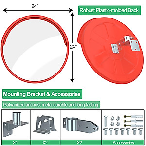24" Security Mirror PC Convex Traffic Mirror Wide Angle Curved Safety Mirror Circular Pole Mount w/Adjustable Bracket for Outdoor Indoor Driveway Road Shop Garage Parking Lot Blind Spot Hidde