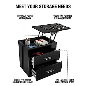 YOURLITE 2 in 1 Upgrade Nightstand with Lifting Top and End Table, Bedside Desk Height Adjustable Laptop Table with 2 Drawer Storage Cabinet Removable End Table for Bedroom, Home (Black)