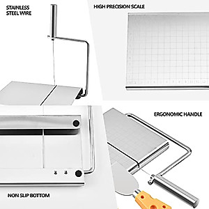 ISZW Cheese Slicer Knife Set, Cheese Slicer Cutter with Wire Food Cutter Precise Scale Board, 4 Cheese Knife Set Mini Butter Knife & Fork for Cutting Cheese Butter Vegetables Sausgae