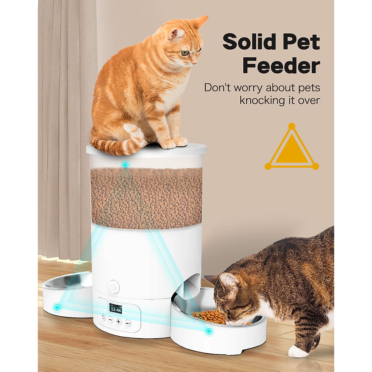 SURDY Automatic Cat Feeder for 2 Cats, 3L Cat Food Dispenser Auto Cat Feeder with 2 Stainless Bowls, 10s Meal Call Dual Power Supply and Timer Setting 12 Portions 6 Meals Per Day for Cats (White, 3L)