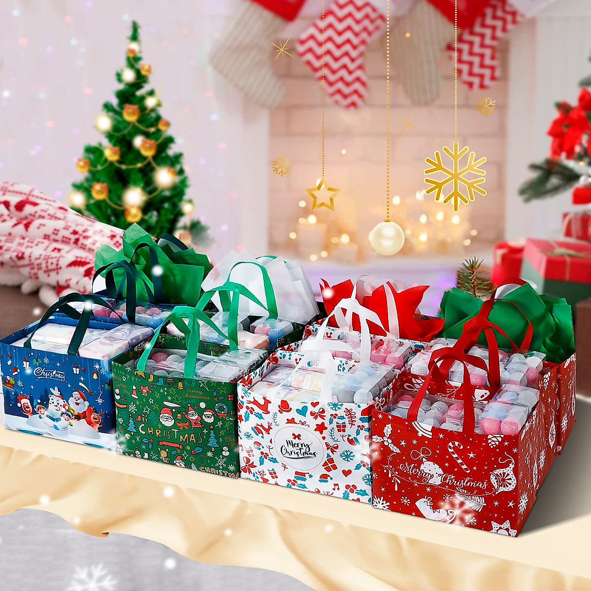 Large Christmas Gift Bags with Tissue Paper,12 Pack Reusable Xmas Gift Bags With Handle Christmas Bag Bulk Non-Woven Holiday Gift Bags Christmas Treat Baskets Party Supplies 12.2" x 9.8" x 4.5"