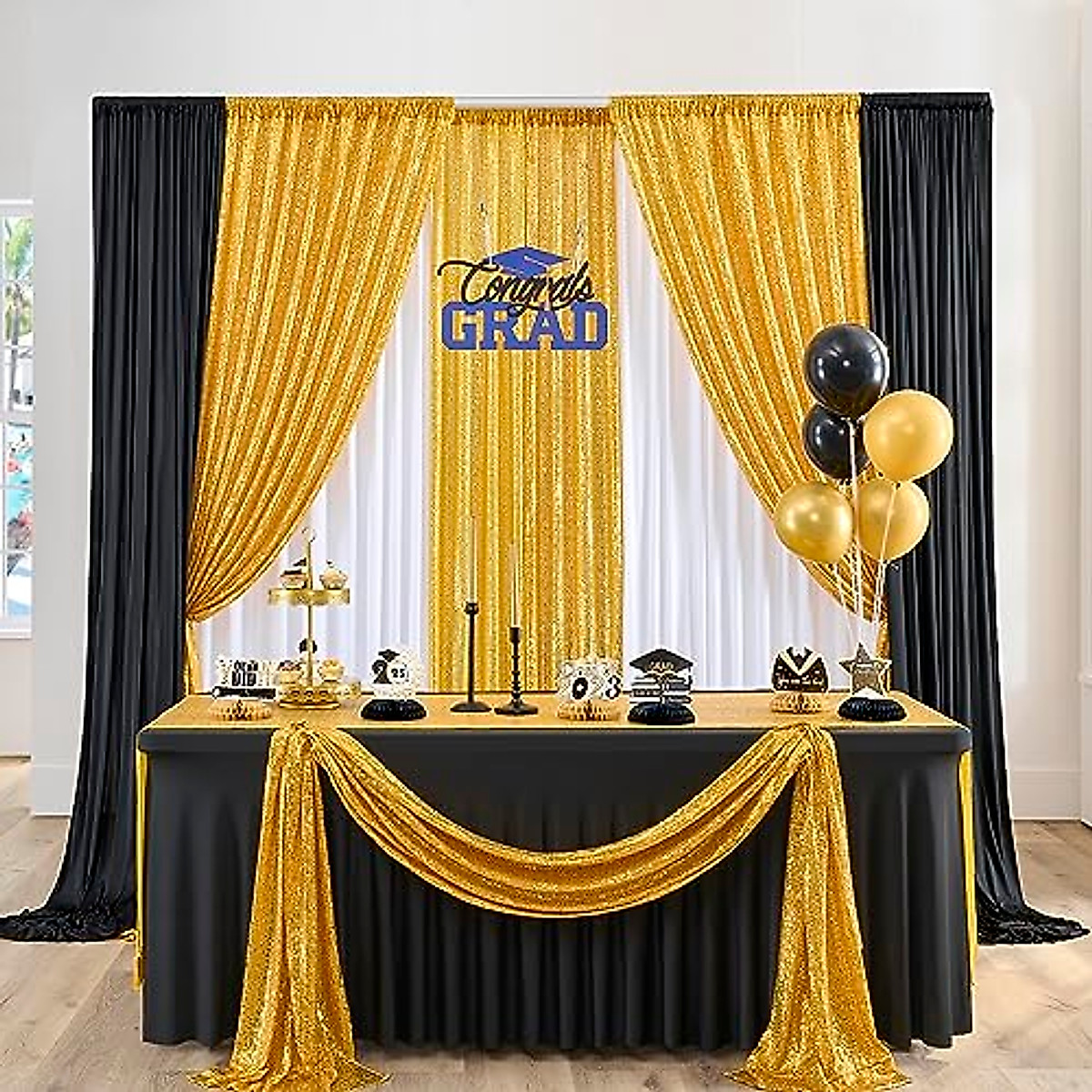 Outpain 2 Panels 4FT x 10 FT Gold Sequin Backdrop Curtain, Not See Through 8FT x 10 FT Gold Glitter Backdrop Drapes for Wedding Party Photography Home Decoration