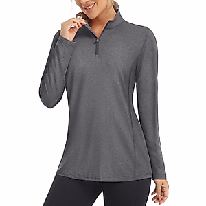 MAGCOMSEN Quarter Zip Women Long Sleeve Sun Shirts UV Protection Collared Golf Shirt Hiking Athletic Tops Dark Grey L