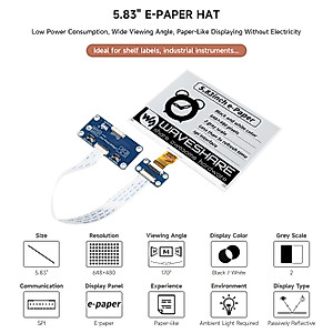 waveshare 5.83inch E-Paper E-Ink Display HAT Compatible with Raspberry Pi 4B/3B+/3B/2B/B+/A+/Zero/Zero W/WH/Zero 2W Series Boards 648×480 Pixels Black/White Dual-Color SPI Interface
