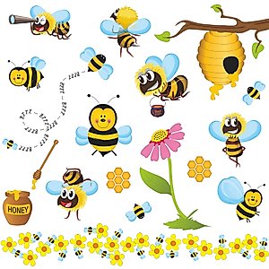RW-1061 3D Bee Wall Decals Bee Flowers Wall Stickers Cartoon Animals Stickers DIY Removable Animals Tree Branch Wall Art Decor for Kids Babys Nursery Bedroom Living Room Playroom Classroom Decoration