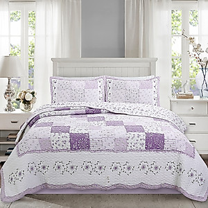 Cozy Line Home Fashions Love of Lilac Bedding Quilt Set, Light Purple Orchid Lavender Chic Lace Floral 100% Cotton Reversible Coverlet, Bedspread (Lilac, Twin - 2 Piece)