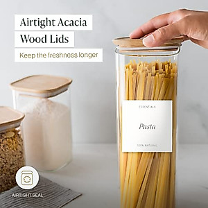 Bloom & Breeze Airtight Glass Pasta Containers for Pantry, Spaghetti Container, Glass Cereal Containers Storage, Rice Dispenser, Square Glass Storage Acacia Lids, Pack of 2, 73oz