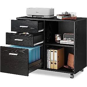 DEVAISE 3-Drawer Wood File Cabinet, Mobile Lateral Filing Cabinet, Printer Stand with Open Storage Shelves for Home Office, Black