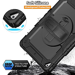 SEYMAC Case for iPad 6th/5th Generation Case 9.7 Inch, Full-Body Shockproof Heavy Duty Protective Case with Screen Protector, Rotating Stand/Hand/Shoulder Strap for iPad Air 2/ Pro 9.7, Black