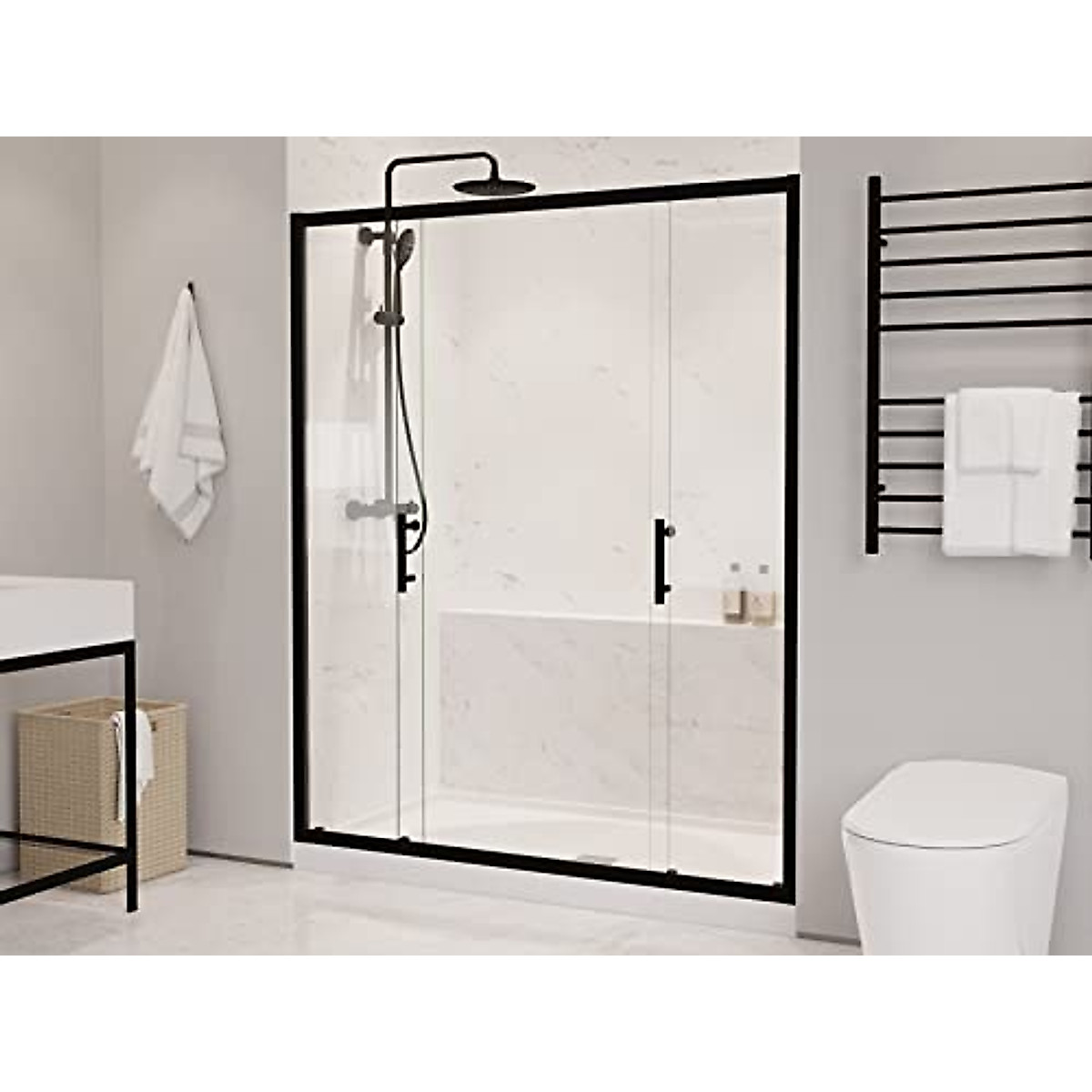 ANZZI 70-in. x 60-in. Framed Double Sliding Shower Door, Resistance Free Hinges for Smooth Opening and Closing, Clear Tempered Glass in Matte Black Finish (SD-AZ15-01MB)