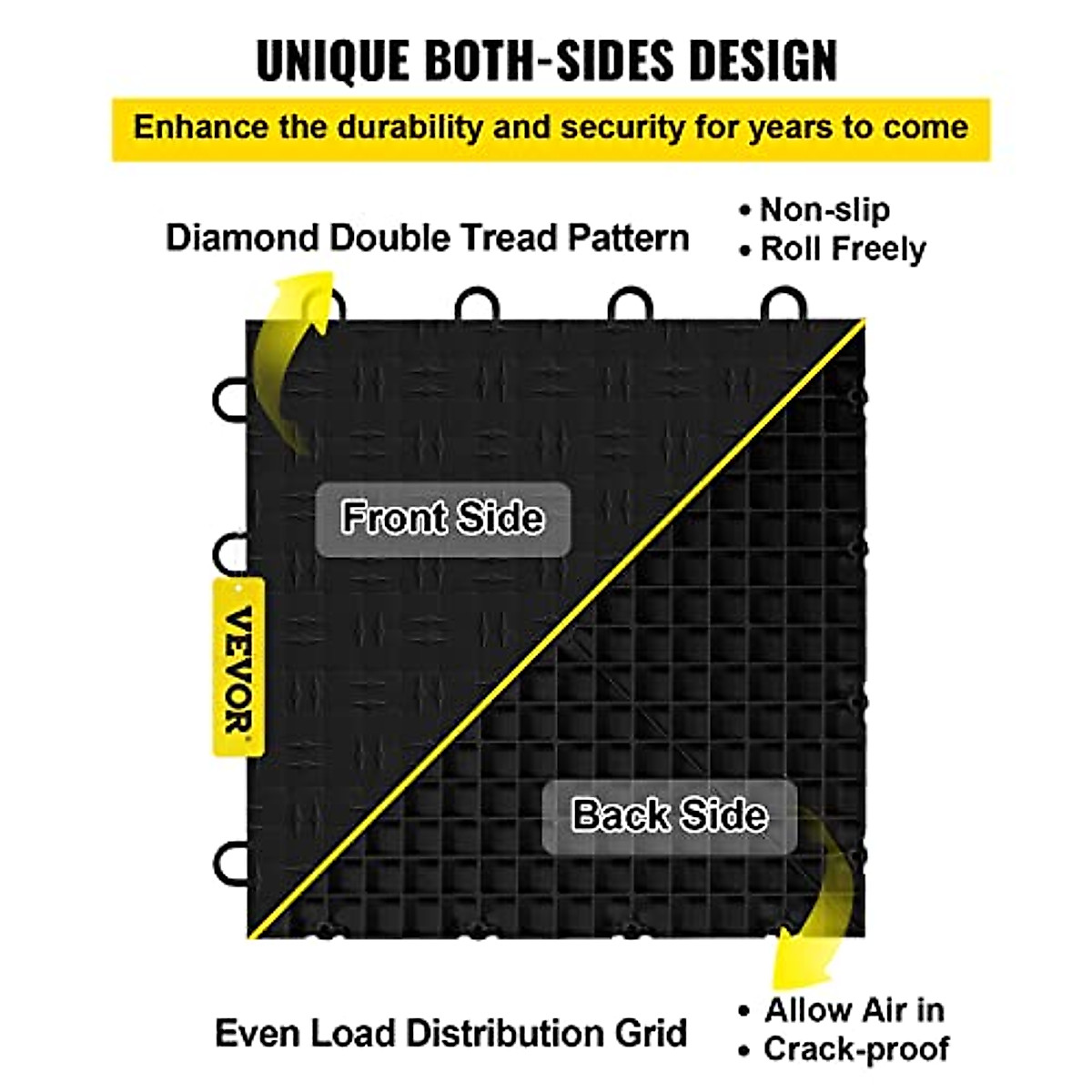 VEVOR Garage Tiles Interlocking, 12'' x 12'', 25 Pack, Black Garage Floor Covering Tiles, Non-Slip Diamond Plate Garage Flooring Tiles, Support up to 55,000 lbs for Basements, Gyms, Repair Shops