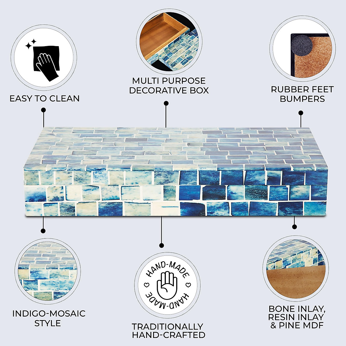 Handicrafts Home Handmade Indigo Pattern Decorative Box - Storage Organizer, Decor Centrepiece, Memory Keepsakes, Home Decor - Boho Style Treasure Box, Multipurpose Gift - 12x6x2