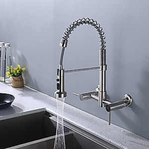 Fonveth Wall Mount Kitchen Faucet, 8 Inch Center Wall Mount Kitchen Sink Faucet with Pull Down Sprayer, Wall Mount Faucet with SprayerCommercial Wall Mount Faucet, Brushed Nickel