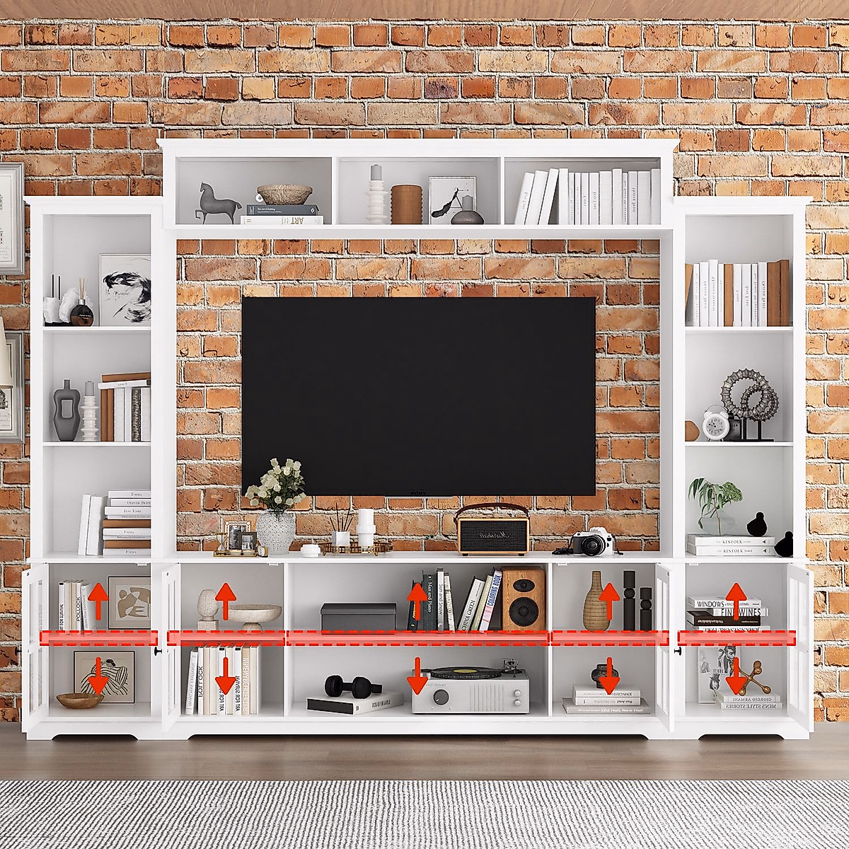 DiDuGo Large Entertainment Center with Bookshelves & Glass Doors, 66.9x43.3 inch Hutch Space for TV, Living Room Entertainment Center with Storage, White (102”W x 14.6”D x 78.2”H)