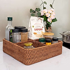 Rattan Basket Compartments Square Divided Organizer 4-Section for Shelves 12 x 12 x 3.5 in Divided Basket Wicker Toilet Paper Basket for Storage Organizing Bathroom(4-Divider, Dark Brown)