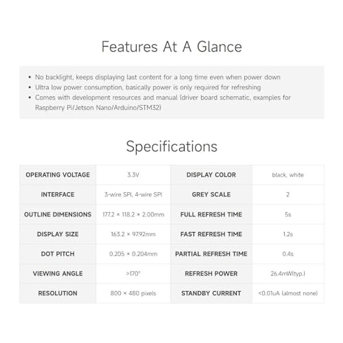Waveshare 7.5inch E-Paper E-Ink Optical Bonding Display Compatible with Raspberry Pi 4B/3B+/3B/2B/B+/A+/Zero/Zero W/WH/Zero 2W Series Boards 800×480 Pixels Dual-Color with SPI Interface Without PCB