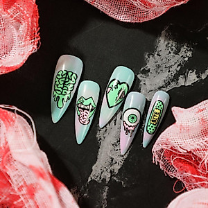 Halloween Stiletto Press on Nails Medium，Green Fake Nails Gradient False Nails with Eyeball Love Wound Lips Tongue Brain Styptic Halloween Designs Acrylic Nails Glossy Artificial Nails for Women 24Pcs