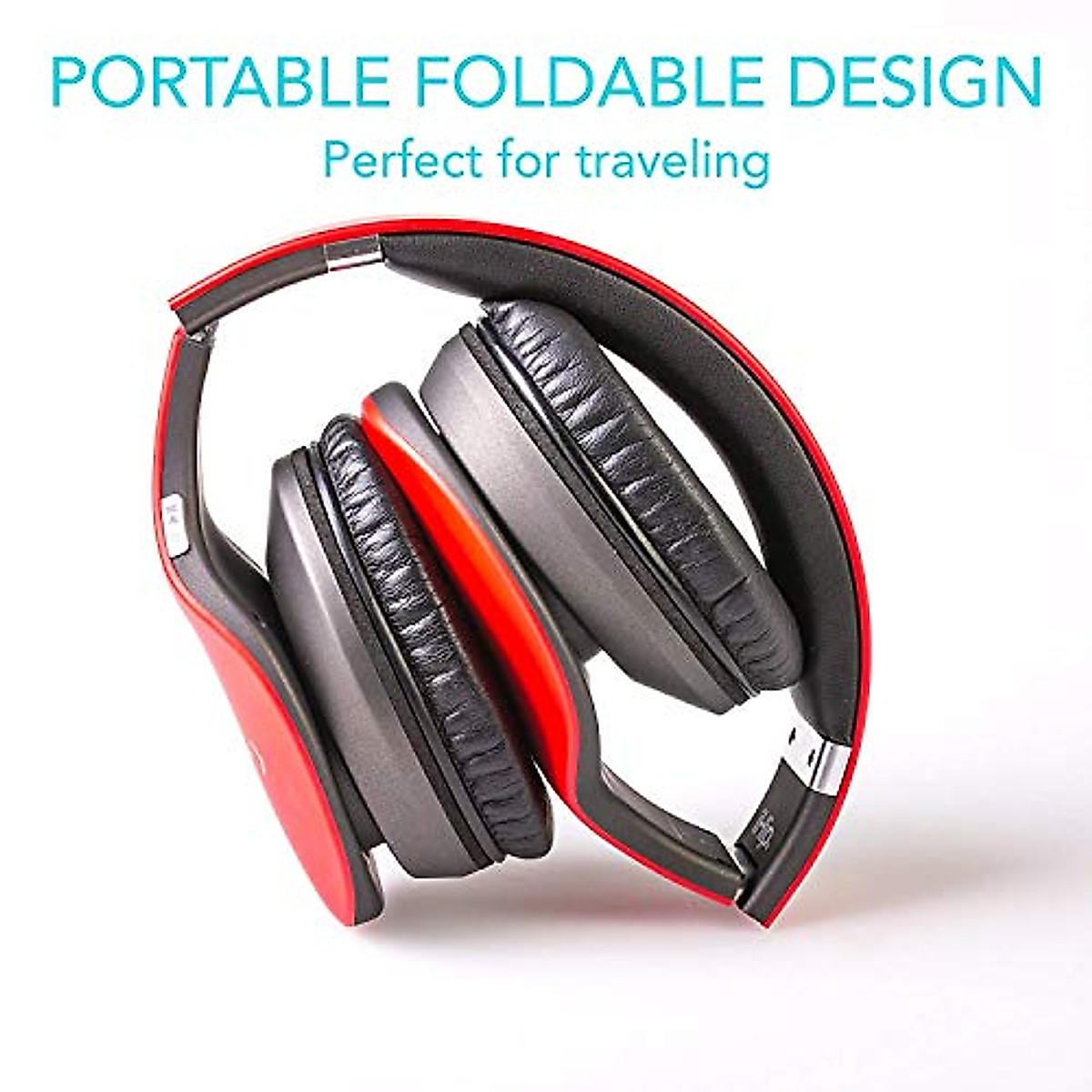 iHip Side Swipe Touch Control Wireless Bluetooth Headphones Over Ear - Foldable, Soft Memory-Protein Earmuffs, w/Built-in Mic and Wired Mode for PC/Cell Phones/TV - RED -Touch Only