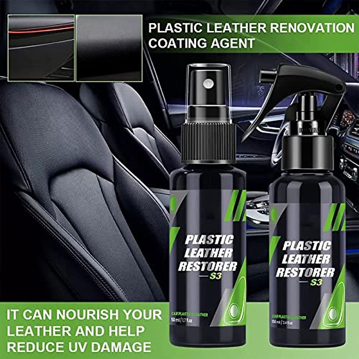 Shinex Leather & Plastic Restorer, 50/100ml Shinex Plastic Leather Restorer Spray, Shinex Plastic Restorer, Plastic Parts Refurbish Agent, Leather Cleaner for Car Interior, with 2 Sponges