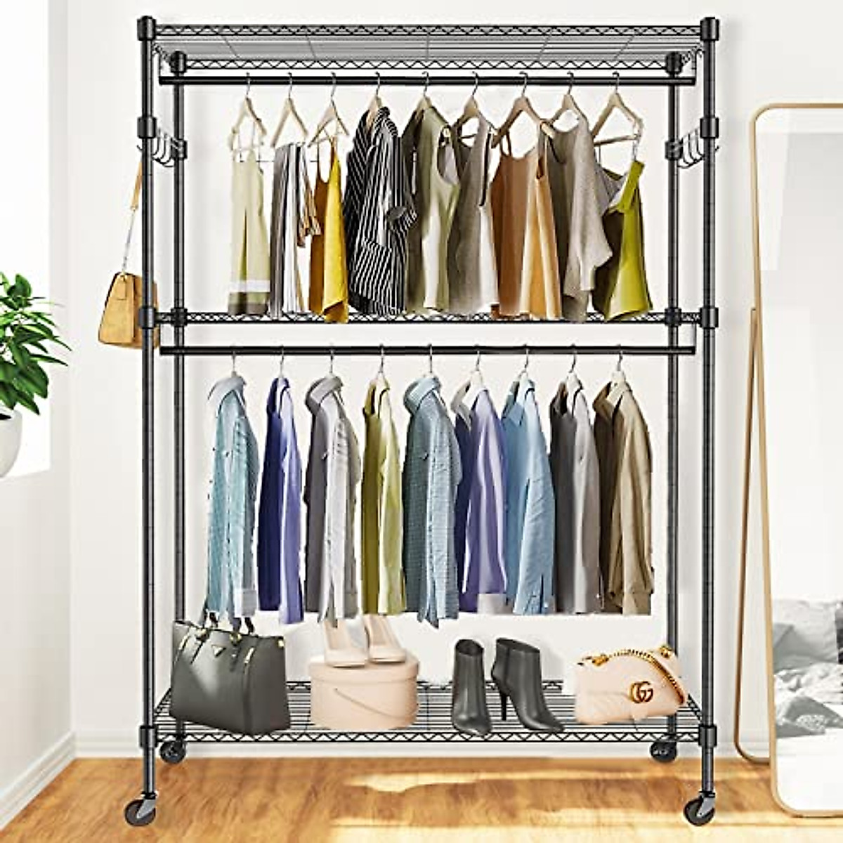 Himimi Heavy Duty Rolling Garment Rack 3 Tier Wire Shelving Clothes Rack for Clothing,Storage with Double Rods,Lockable Wheels and Side Hooks,Freestanding Metal Wardrobe Storage Rack,Black