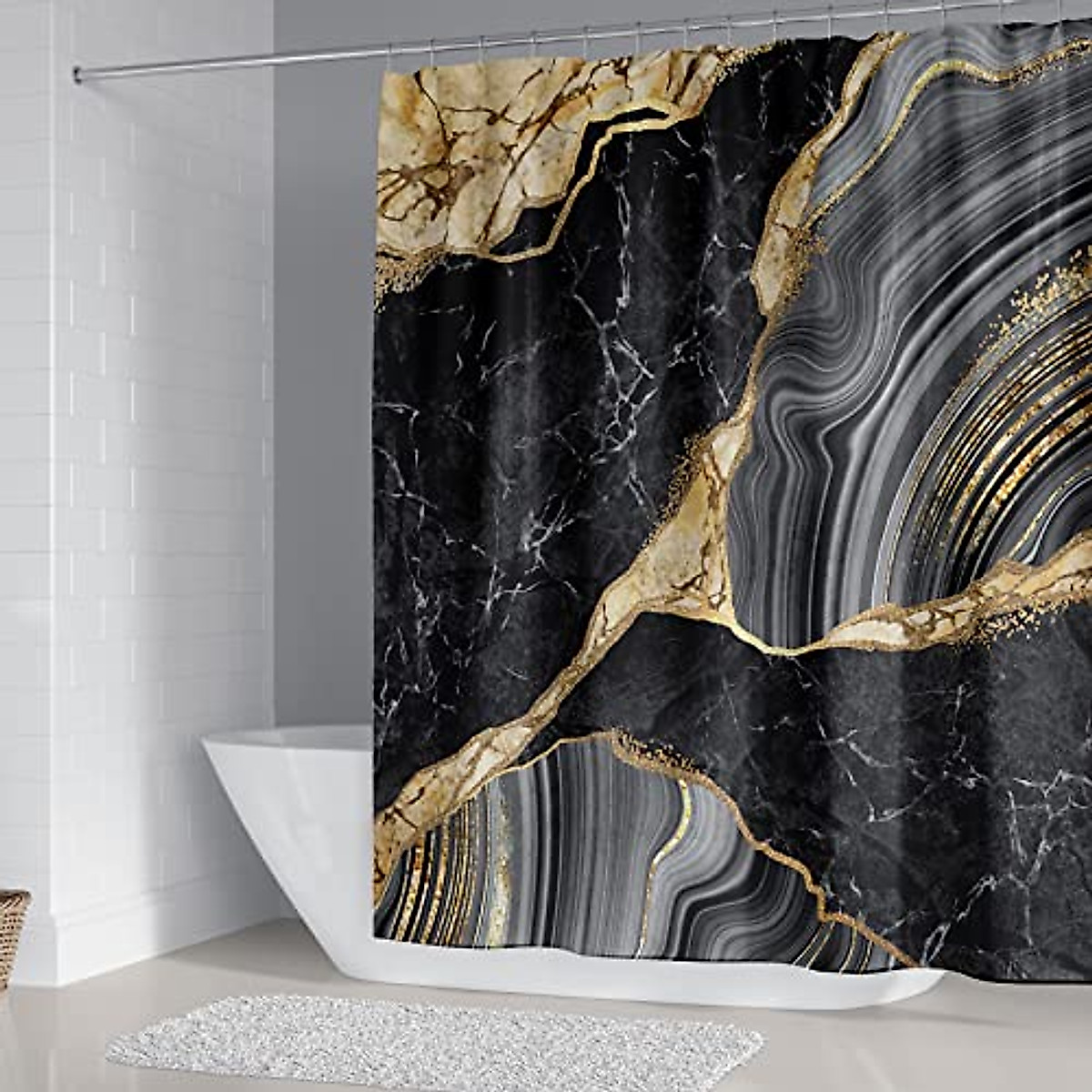 beifivcl 4Pcs Marble Shower Curtain Sets, Bathroom Decor Sets, Luxury Shower Curtain with 12 Hooks, Bath Mat, Toilet Lid Rug and Non-Slip U Shape Mat Accessories Marble Print, 72 x 72 Inch, Black