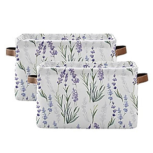 Lavender Flowers Storage Basket Fabric Storage Bin Laundry Baskets, Leaves Green Purple Foldable Storage Boxes Organizer Bag for Baby Cloth Dog Toy Book Storage Cubes Shelf Closet Basket 16×12×8