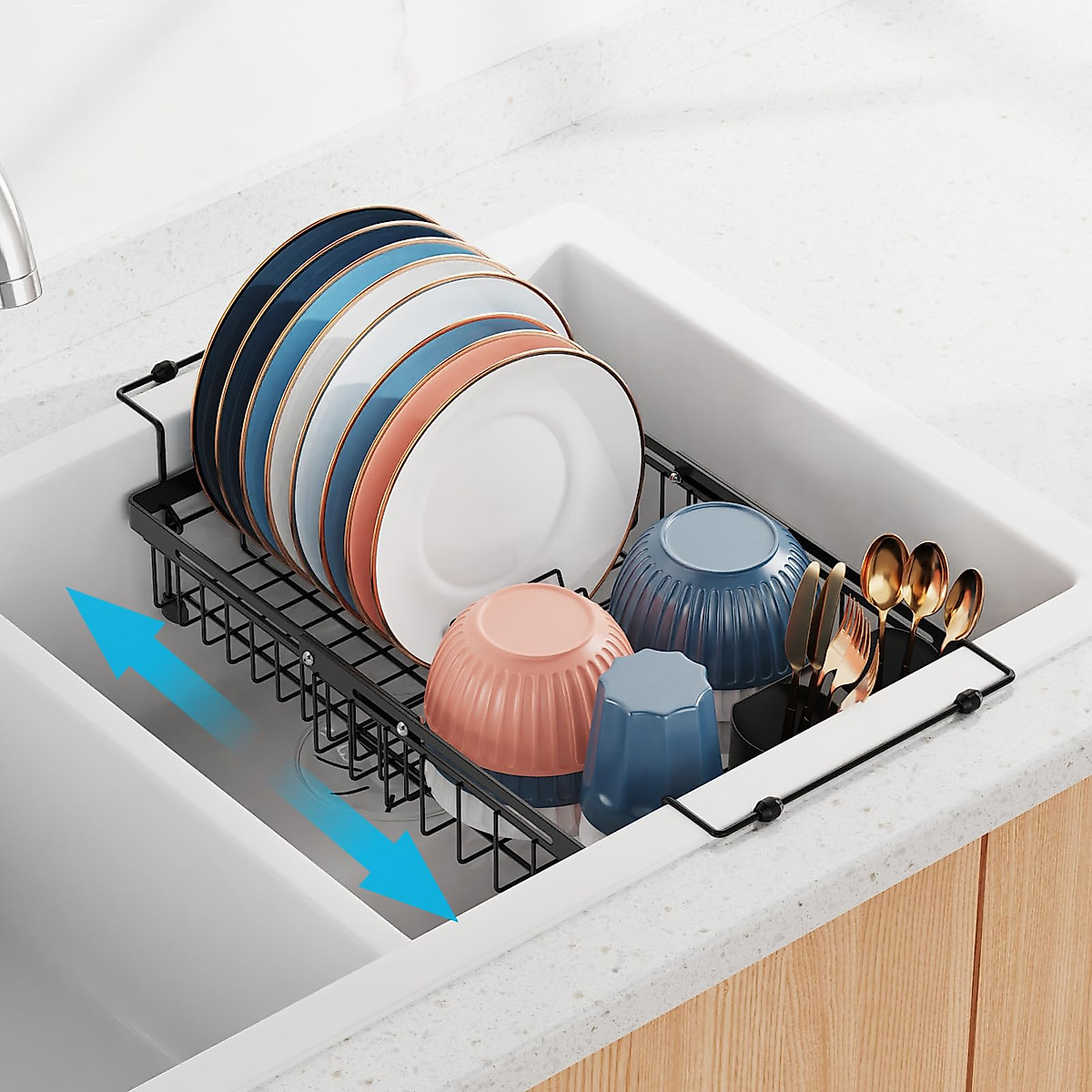 iSPECLE Sink Dish Drying Rack - Over Sink Dish Rack, in Sink or on Counter Dish Drainer, Sink Drying Rack with Removable Cutlery Holder Large Capacity, Black