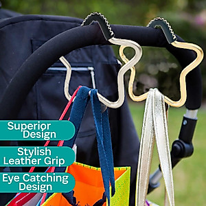 Buggy Star Hook by BUGGYGEAR Silver/Black Leather - The Perfect Way to Carry Your Baby Diaper Bag - Use The Hook on Your Stroller Handle Bars and Let The Hooks Do The Work. Buggy Gear