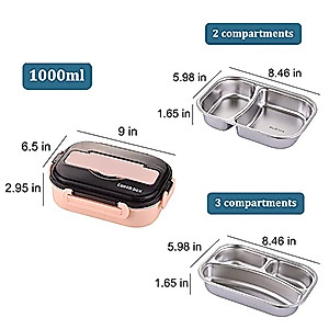 Midremer Lunch Bento Box, 1L-3 Compartments Portable Thermal Insulation Leak-Proof Lunch Containers with Stainless Steel Liner Chopsticks and Spork for Picnic (3 Compartments, Pink)