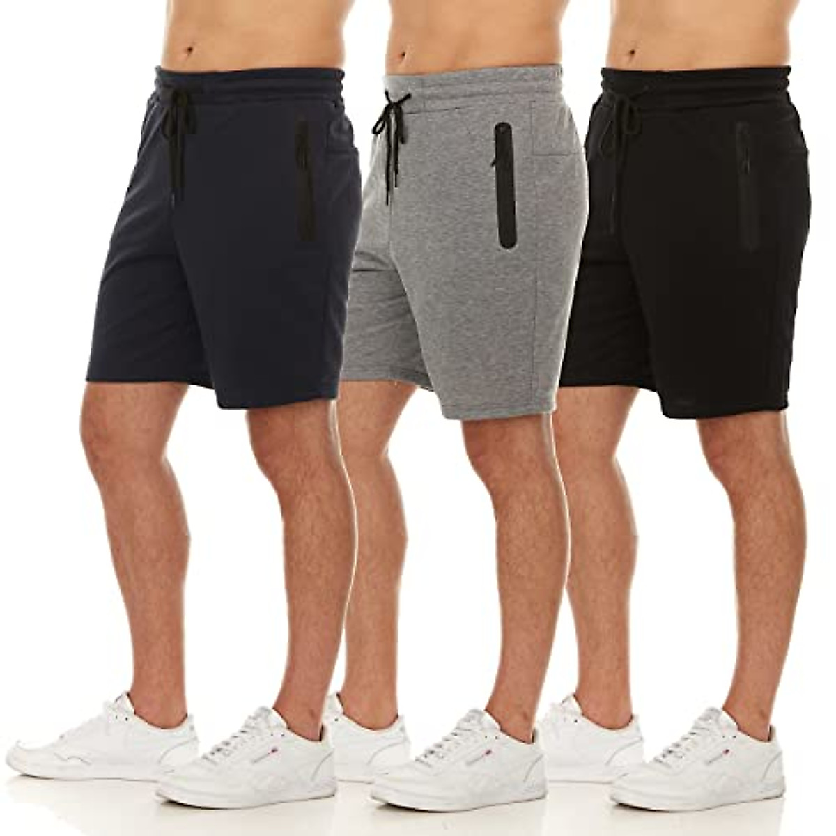 PURE CHAMP Mens Shorts French Terry 3 Pack Gym Shorts for Men Athletic Workout Training Shorts with Zipper Pocket and Drawstring Size XS-3XL (Group A,2XL)