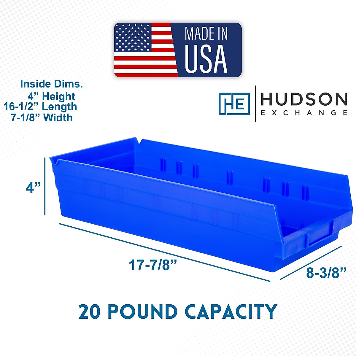 Hudson Exchange 18 x 8 x 4" Plastic Nesting Storage 18” Shelf Bin Container - 20 lb Capacity (Blue)