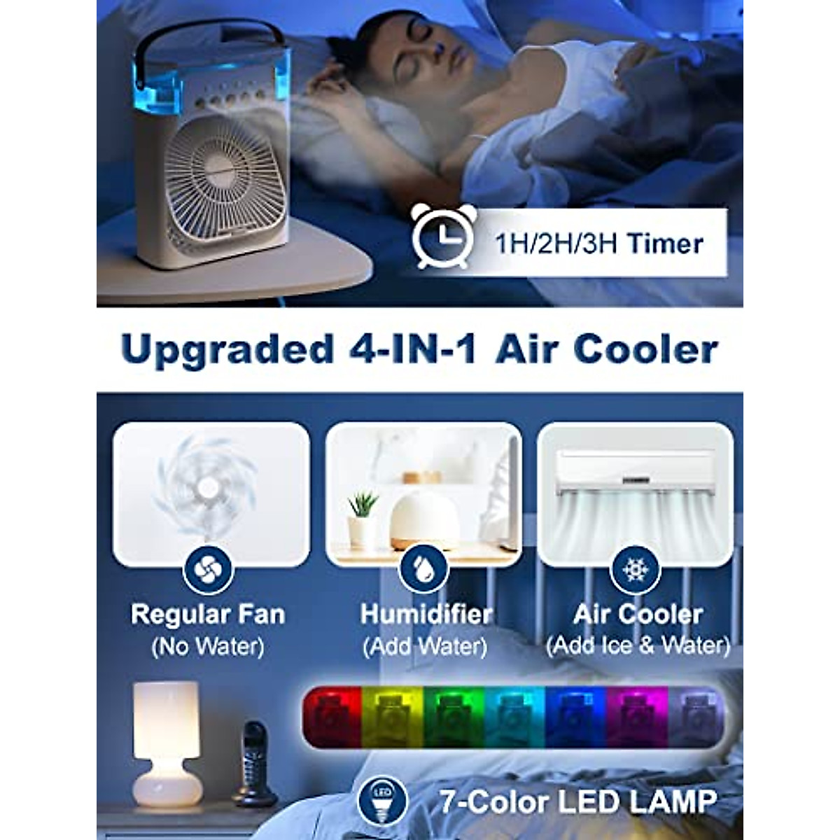 4-IN-1 Portable Air Conditioners Fan, Personal Mini Air Conditioner with 3-Speeds/5 Humidifier Misting Hole/7 Colors Light, USB Handle Evaporative Cooler with Auto Timer for Room Office Travel (ST-02)