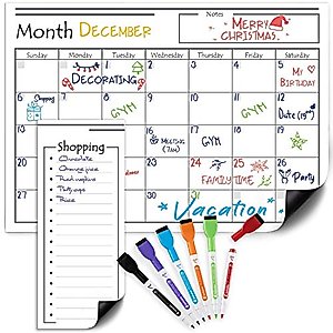 Magnetic Dry Erase Calendar Set | 2pk Monthly Fridge Calendar White Board Planner Organizer, Magnet Grocery List, 6 Color Markers |2022 Magnetic Calendar for Fridge, Family Kitchen, Office, Classroom