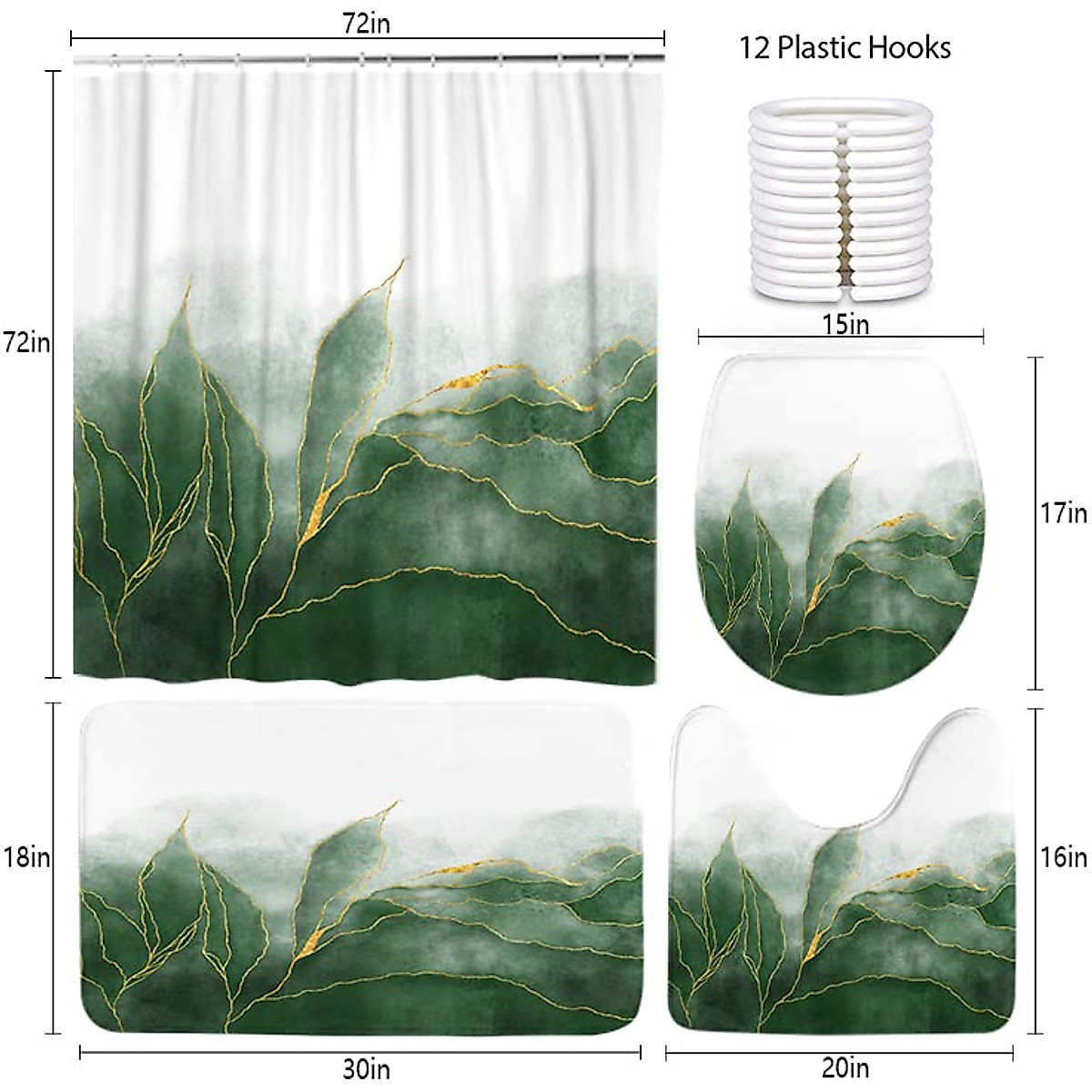 LOKMU 4 Pcs Shower Curtain Sets with Non-Slip Rugs, Toilet Lid Cover and Bath Mat,Green Paint and Golden Shiny Veins Spilled Waterproof Shower Curtain with 12 Hooks, Bathroom Decor Sets, 72"x 72"