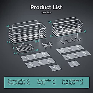 2 Pack Adhesive Shower Caddy Organizer Rack Shower Storage Shelf with Razor Holder and Extra Stickers for Inside Shower, No Drilling Organizer Rack Floating Shower Shelves for Bathroom Kitchen