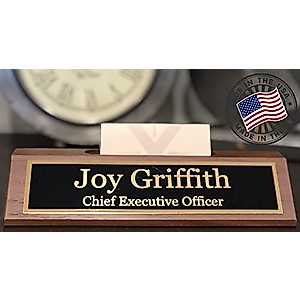 Griffco Supply Desk Name Plate Personalized - Name Plate for Desk with Card Holder - PhD Graduation Gifts Genuine Hardwood Nameplate for Desk - Made in USA Custom Plaque (Walnut)