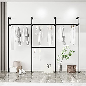 Industrial Pipe Clothing Rack,Moden Commercial Grade Pipe Clothes Racks,Wall Mounted Closet Storage Rack,Hanging Clothes Retail Display Rack,Heavy Duty Steampunk Garment Racks,Black(Three,Staggered)