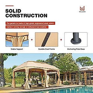 MELLCOM 12x20 Patio Gazebo, Double Soft-Roof Gazebo Tent with Curtains and Netting, Patio Canopy for Outdoor Event, Patio, Lawn & Garden, Beige