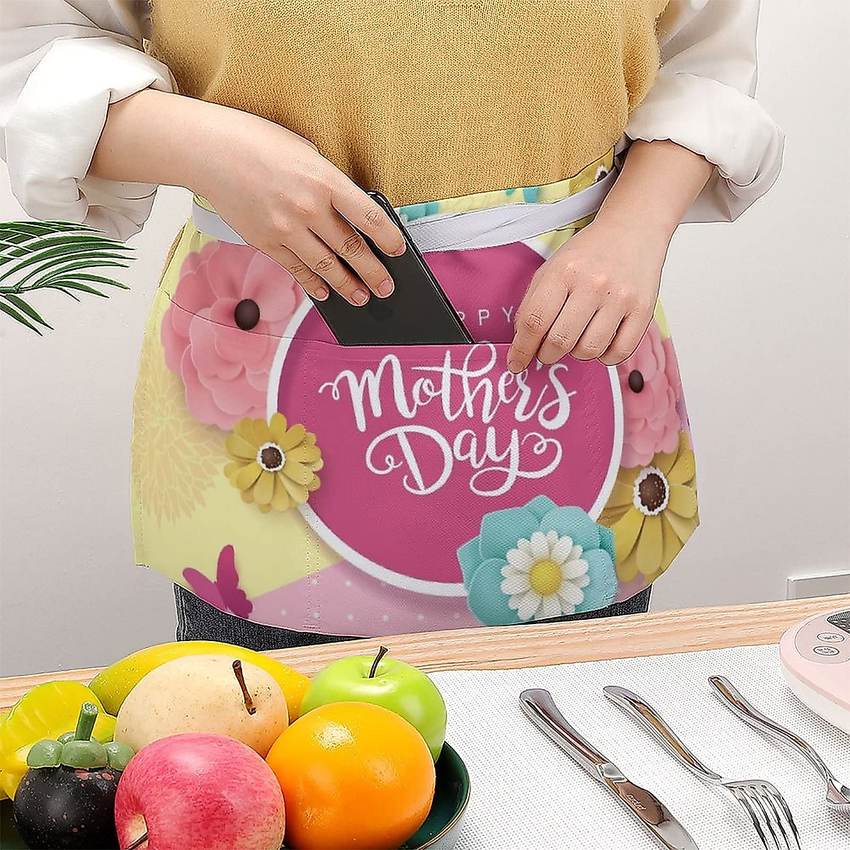 ZGVDVZ Happy Mother's Day with Flower Apron With 3 Pockets For Aldult Kitchen Chef Aprons For Cooking Baking Gardening